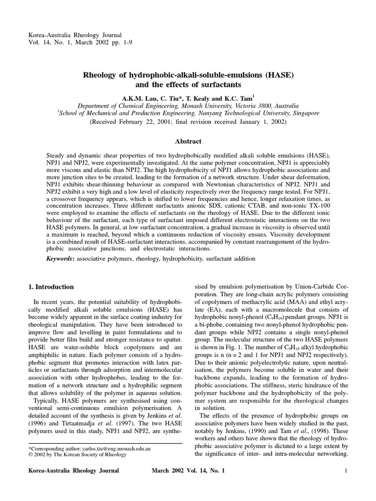 Rheology of Hydrophobic Alkali Soluble Emulsions (HASE) | PDF ...