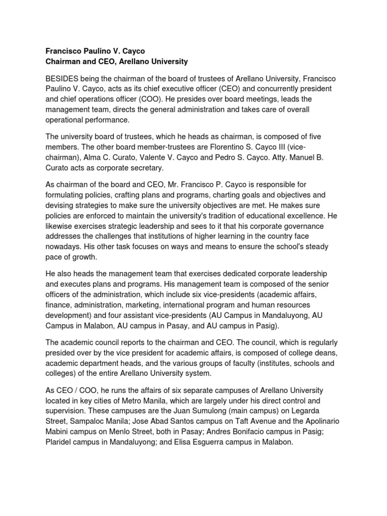 Chairman and CEO Francisco Paulino V. Cayco Provides Strategic ...