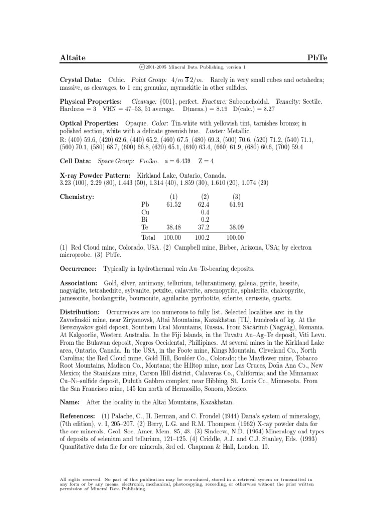 Altaite: Physical and Optical Properties of a Lead Telluride Mineral ...