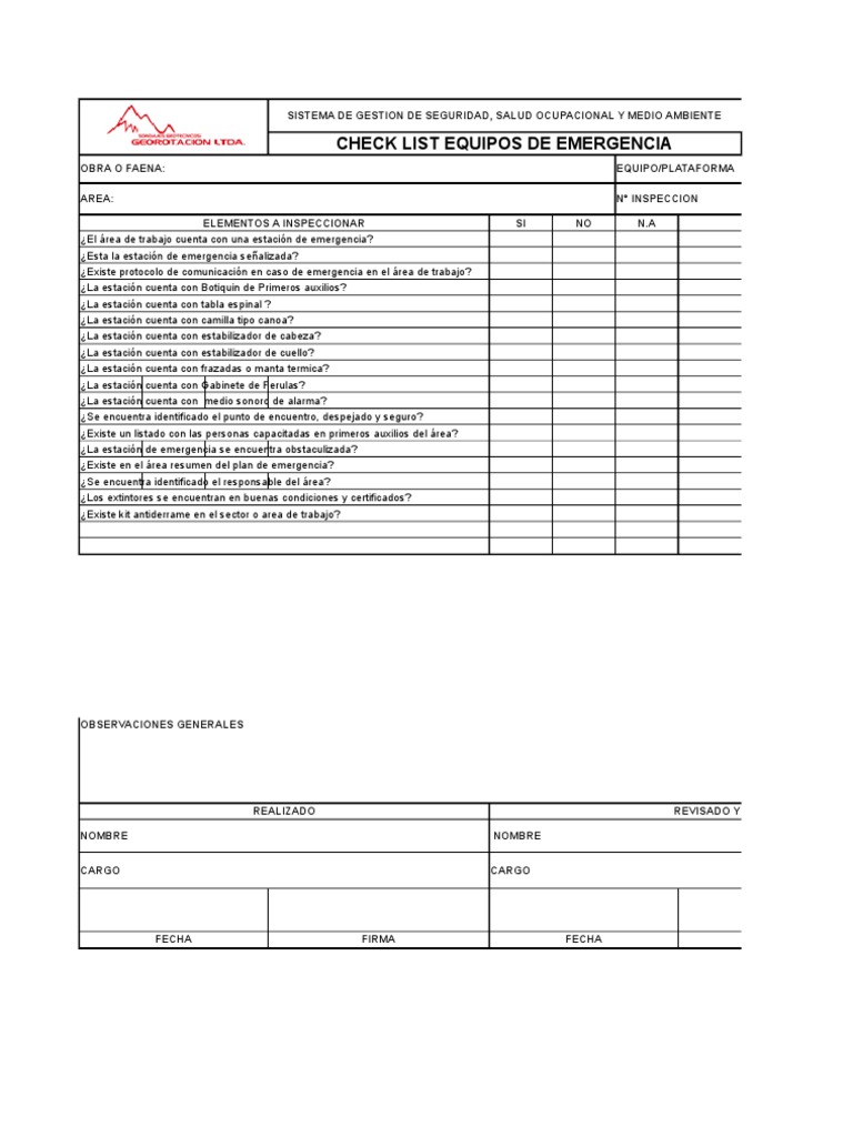 Check List Equipos de Emergencia | PDF