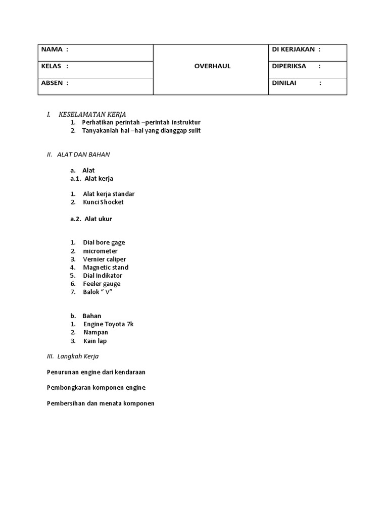 Overhaul Report: Cylinder Block, Cylinder Head, Crankshaft, Camshaft ...