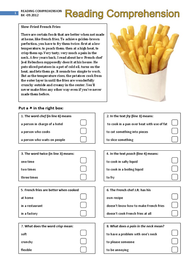 French Fries Recipe Comprehension Quiz | PDF