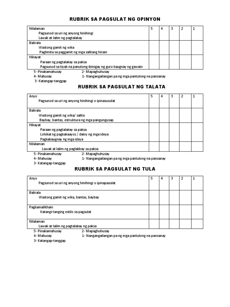 Rubrik Sa Pagsulat NG Opinyon | PDF