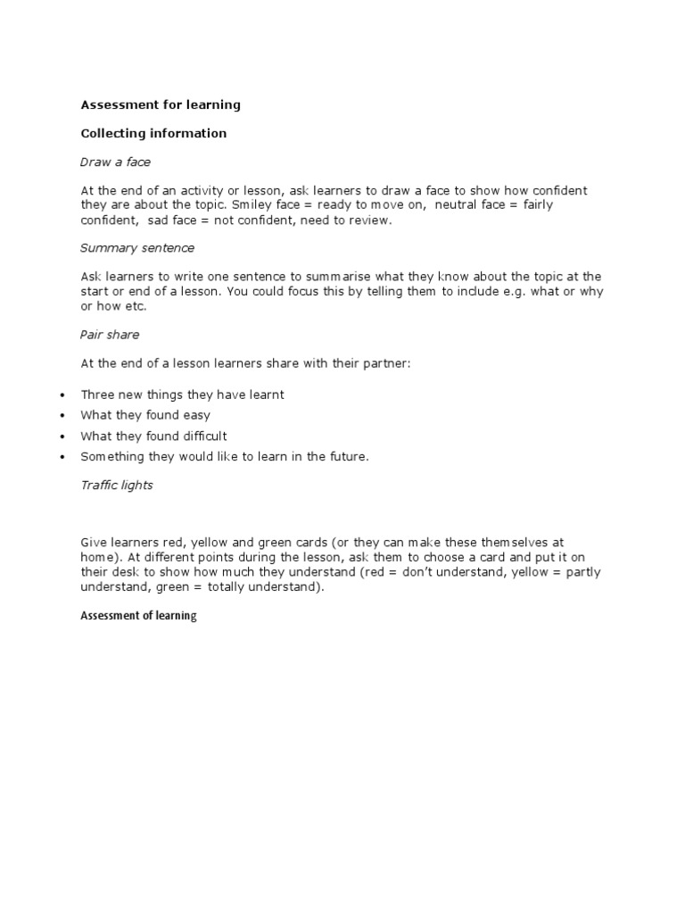 Draw A Face: Assessment For Learning Collecting Information | PDF ...