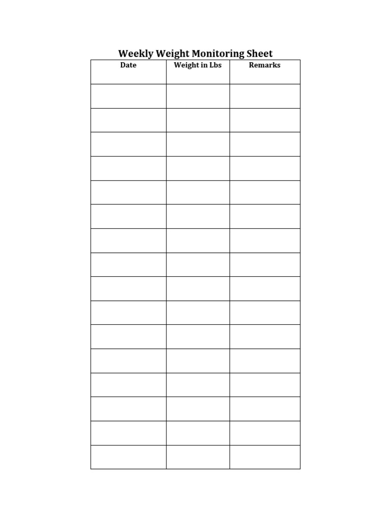 Weekly Weight Monitoring Sheet: Date Weight in Lbs Remarks | PDF