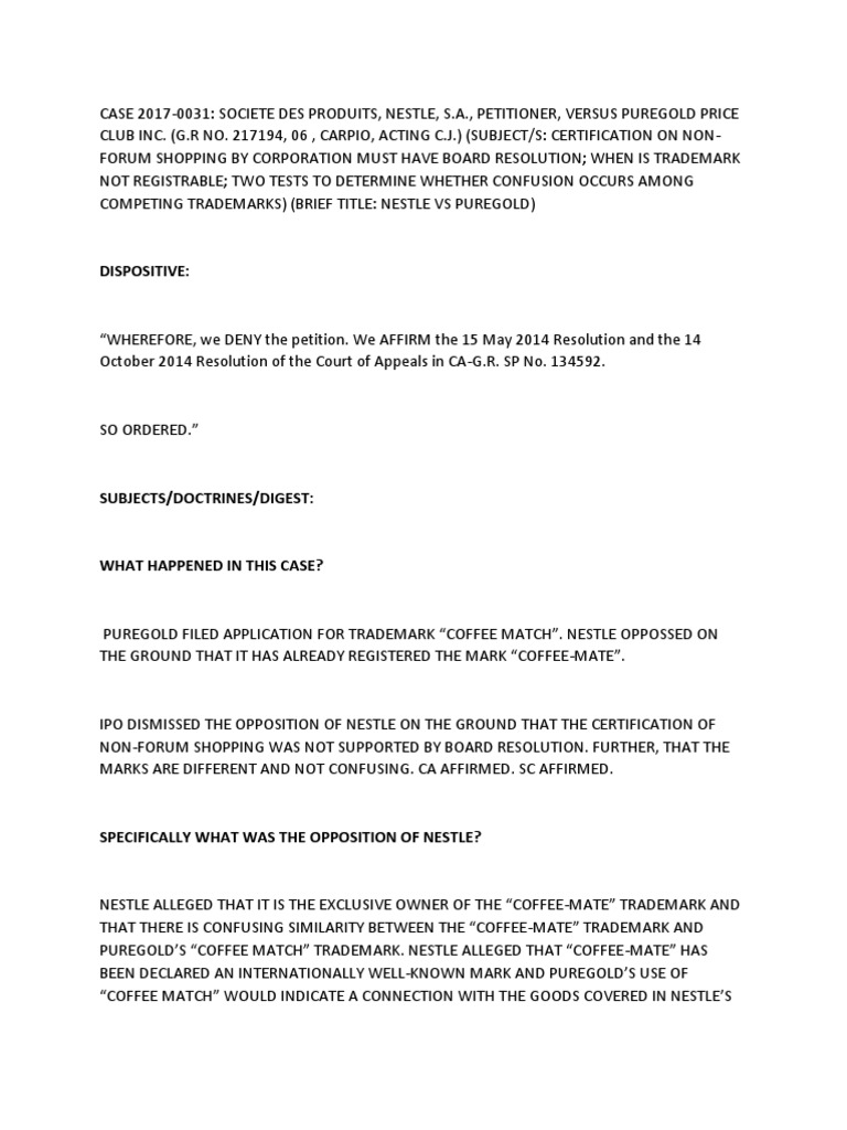 Nestle Dgest | PDF | Trademark | Civil Law (Common Law)