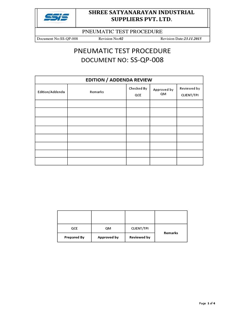 Procedure Pneumatic Test | PDF | Leak | Welding