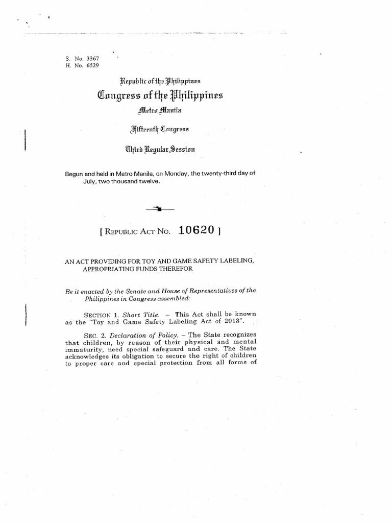 RA 10620 (Toy and Game Safety Labeling Act of 2013) | PDF