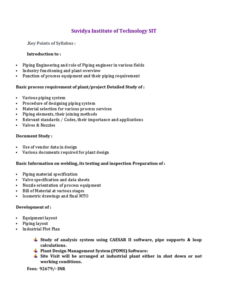 Suvidya Piping Engineering Course Fees | PDF | Technology & Engineering