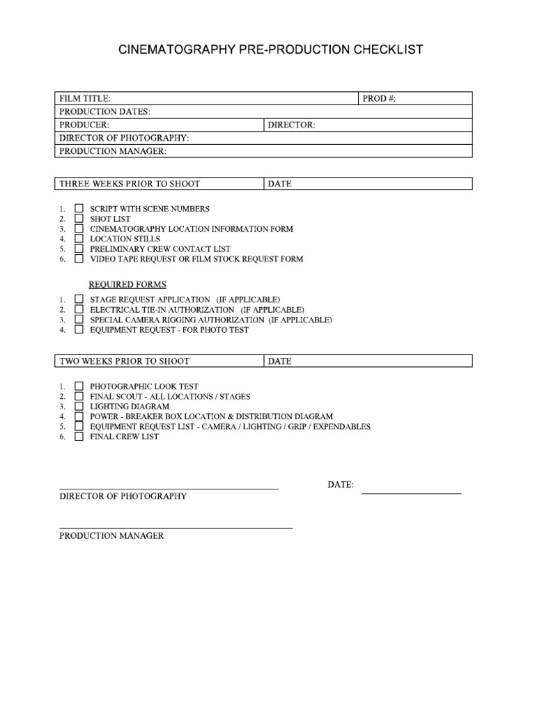 Cinematography Pre-Production Checklist | PDF