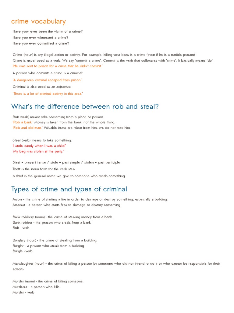 Crime Vocabulary: What's The Difference Between Rob and Steal? | PDF ...