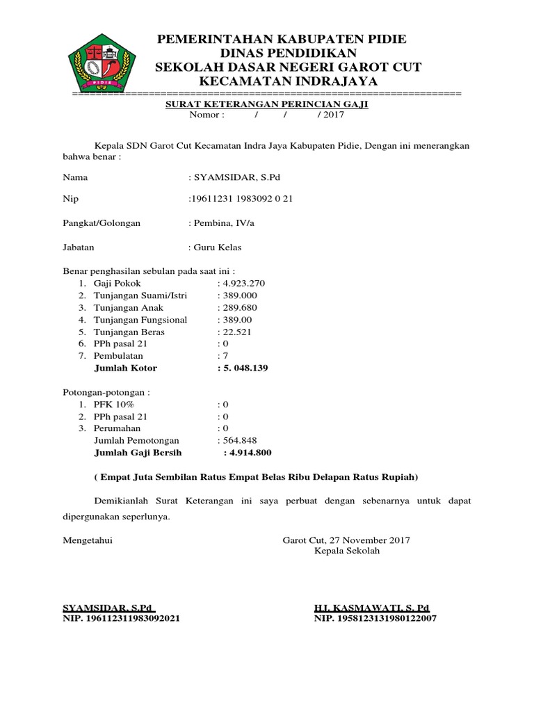 Surat Keterangan Perincian Gaji | PDF
