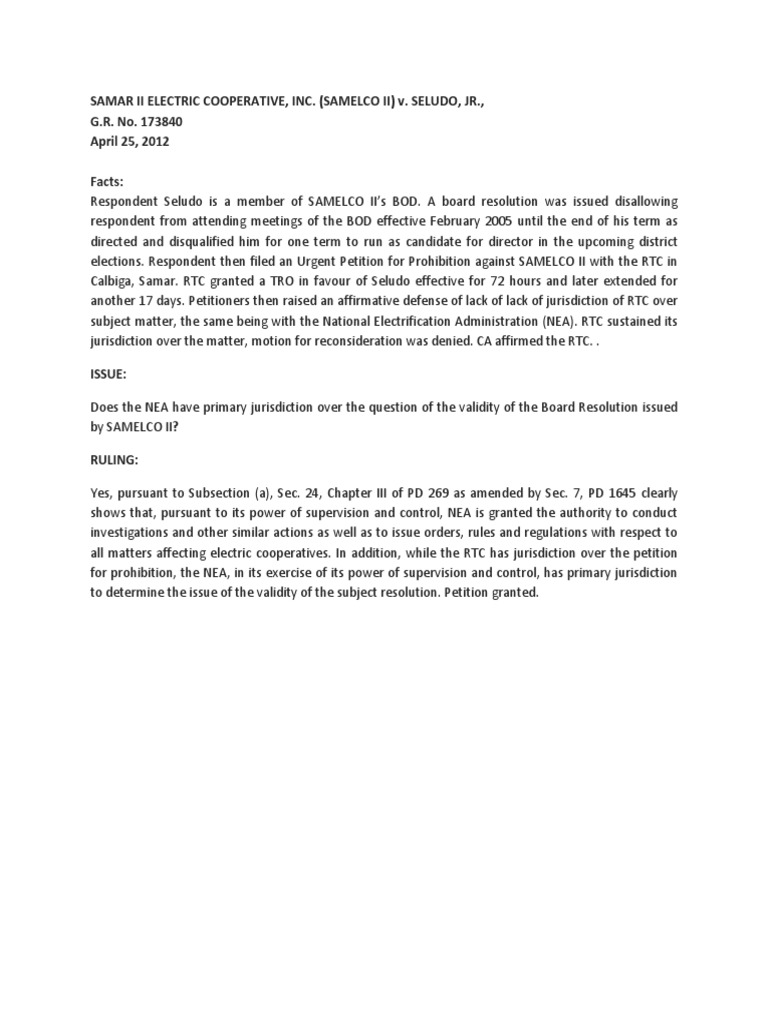 NEA's Jurisdiction Over SAMELCO II Dispute | PDF