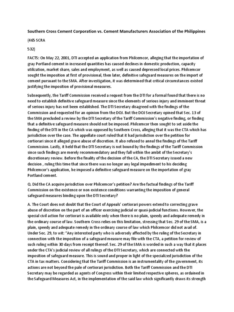 Southern Cross Cement Case Analysis | PDF | Certiorari | Injunction