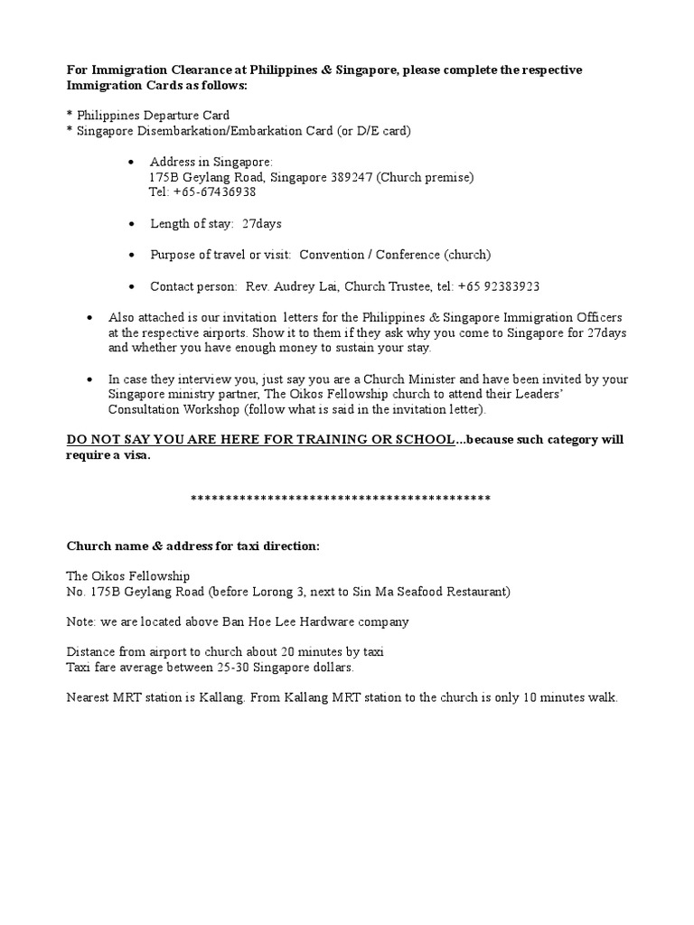 For Immigration Clearance at Philippines & Singapore, Please Complete ...