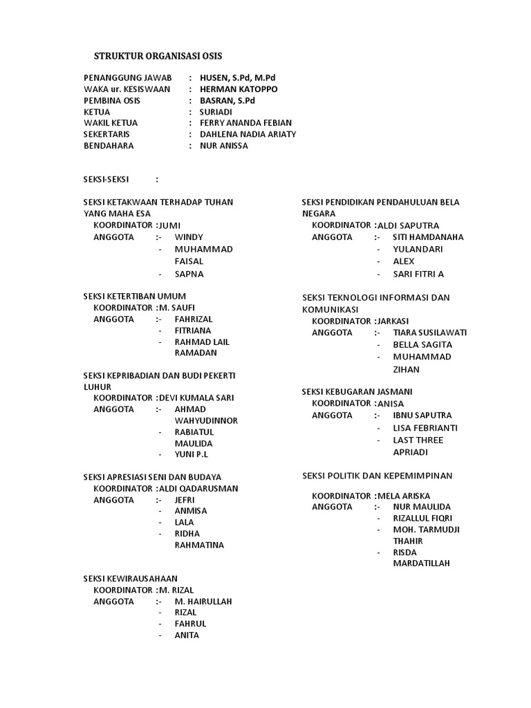 Contoh Struktur Organisasi Osis PDF | PDF