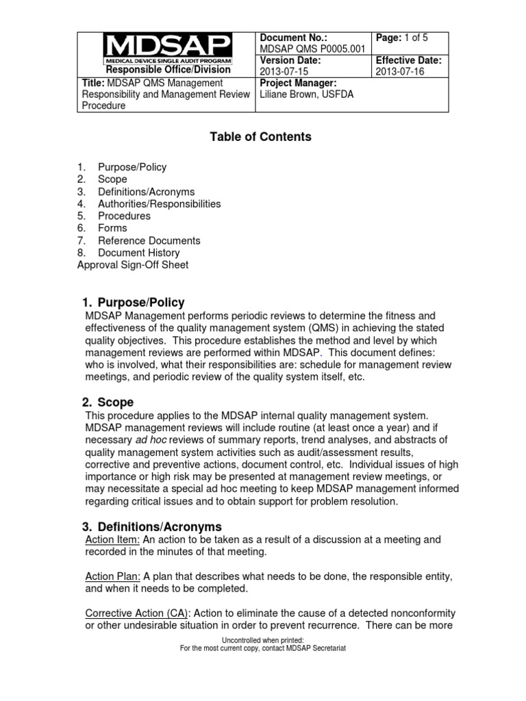 MDSAP QMS P0005 Management Responsibility Review ProcedureS508 | PDF ...