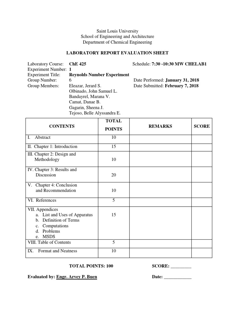 Che 425 Lab Report Evaluation Sheet Pdf