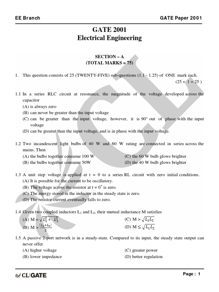 GATE EE 2001 Actual Paper - 2 | PDF | Series And Parallel Circuits ...