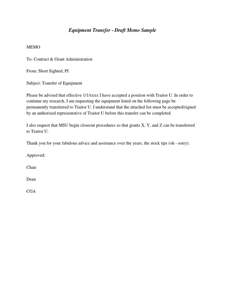 Sample Equipment Transfer Memo | PDF