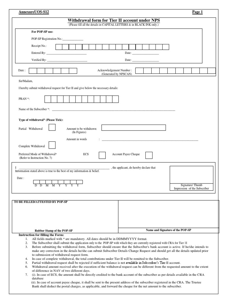 NPS Tier II Withdrawal Form S12 Guide | PDF | Cheque | Payments
