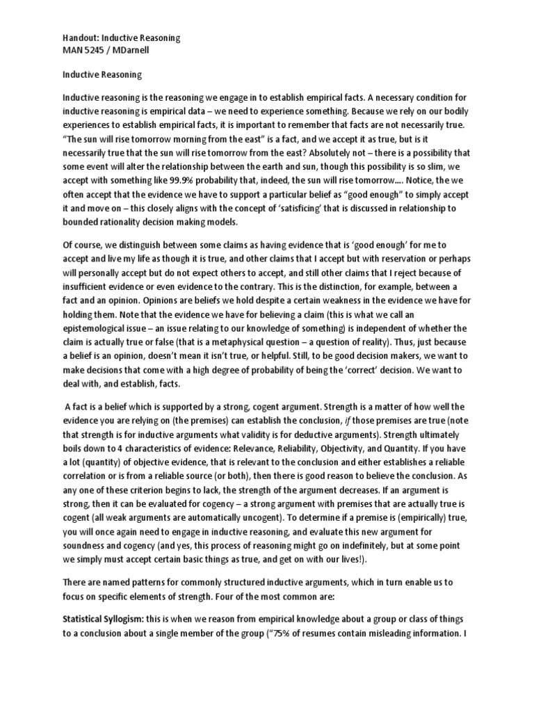 Organizational Behavior Deductive Reasoning | PDF | Argument ...