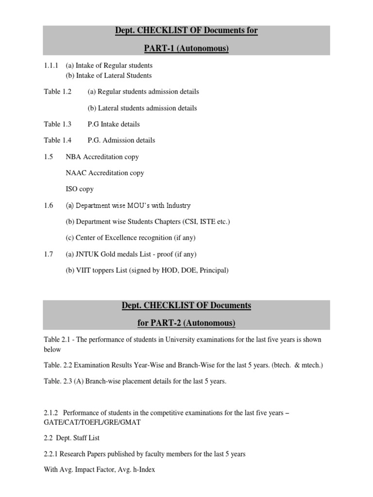 CHECKLIST of Autonomous Documents - DePT Level - 1st Nov. 2016 | PDF ...