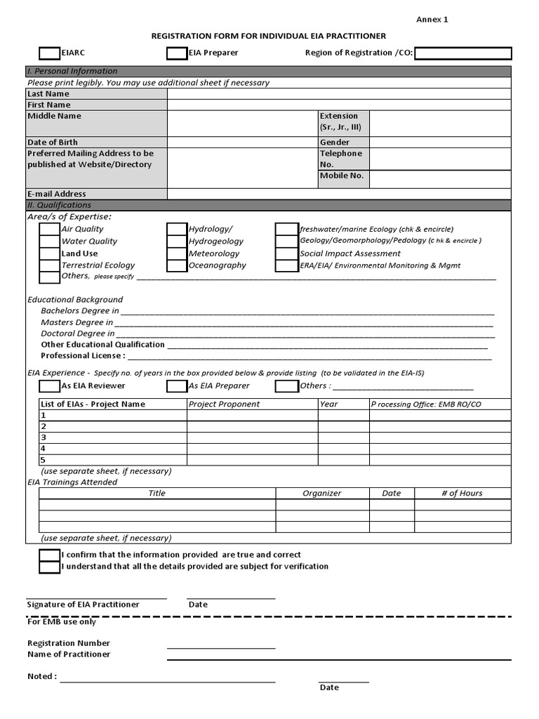 Registration Form For EIARC & EIA Preparer | PDF | Environmental Impact ...
