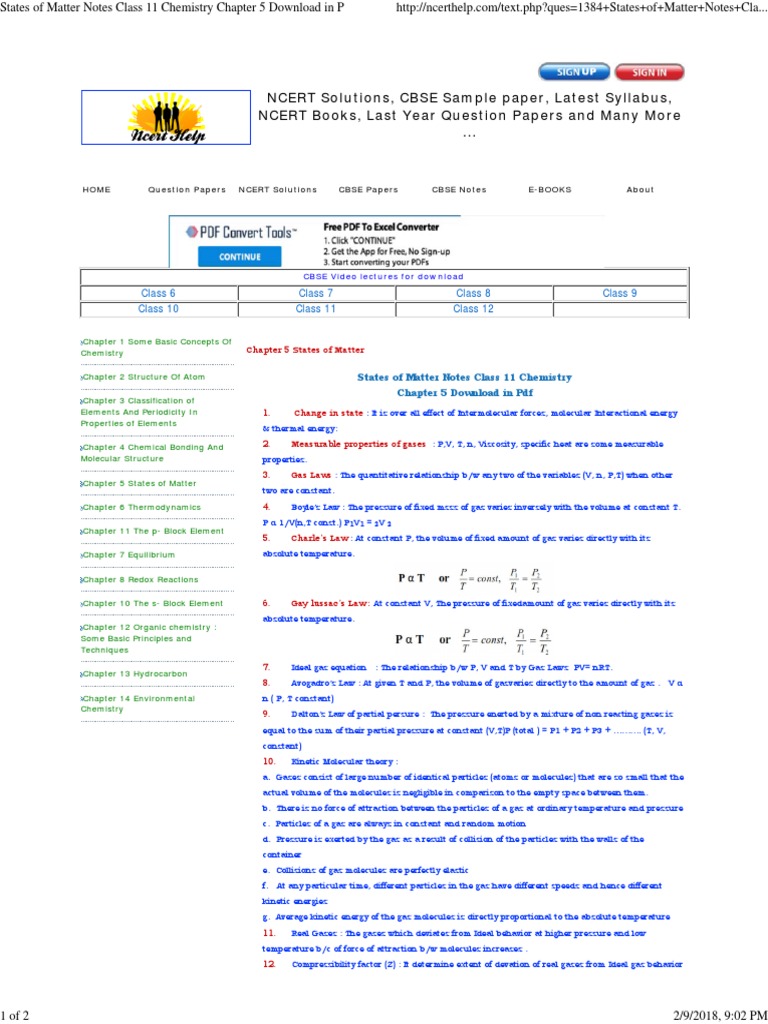 States of Matter Notes Class 11 Chemistry Chapter 5 Download in P | PDF ...
