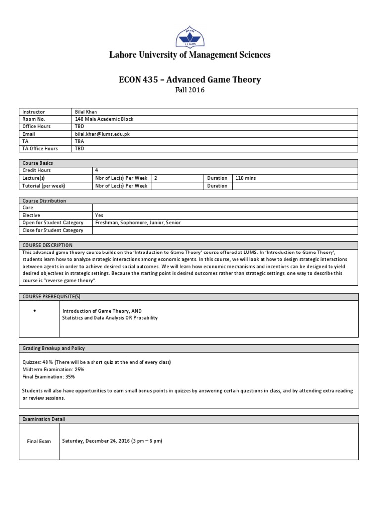 ECON 435-Advanced Game Theory-Bilal Khan PDF | PDF | Game Theory | Students