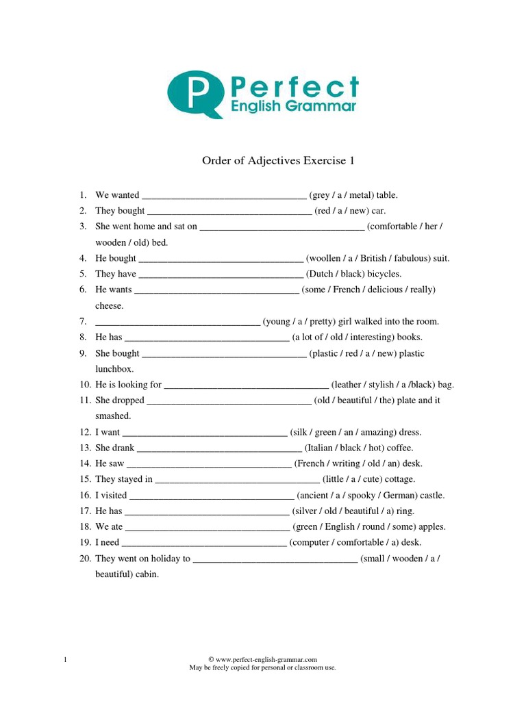 Order of Adjectives Exercise 1 | PDF | Leisure