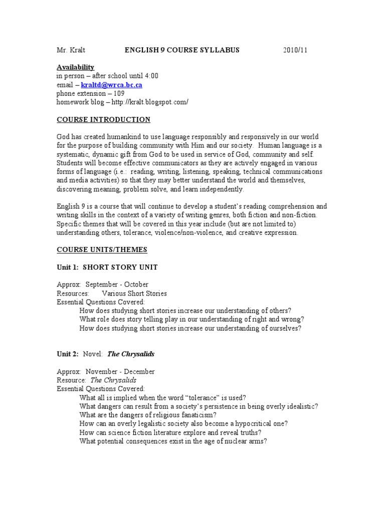 Kraltd@wrca - Bc.ca: English 9 Course Syllabus Availability | PDF ...