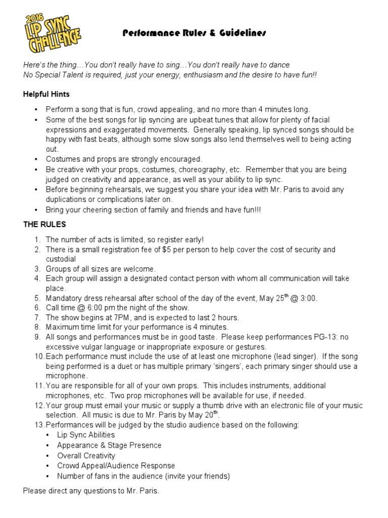 Lip Sync Battle Performance Guidelines | PDF | Performing Arts | Leisure
