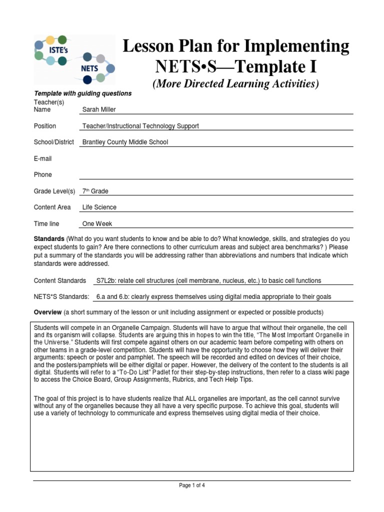 Lesson Plan For Implementing NETS - S-Template I: (More Directed ...