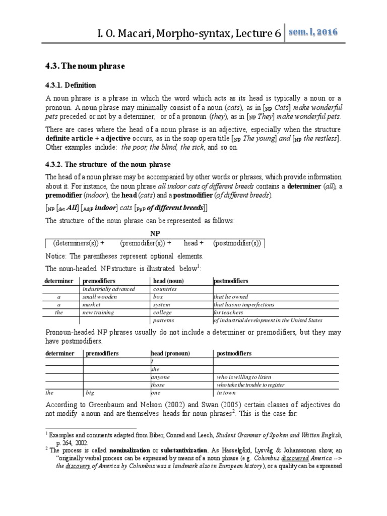 I. O. Macari, Morpho-Syntax, Lecture 6: 4.3. The Noun Phrase | PDF | Clause | Phrase