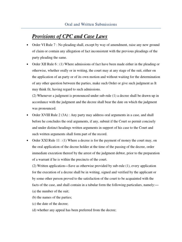 Provisions of CPC and Case Laws: Oral and Written Submissions | PDF ...