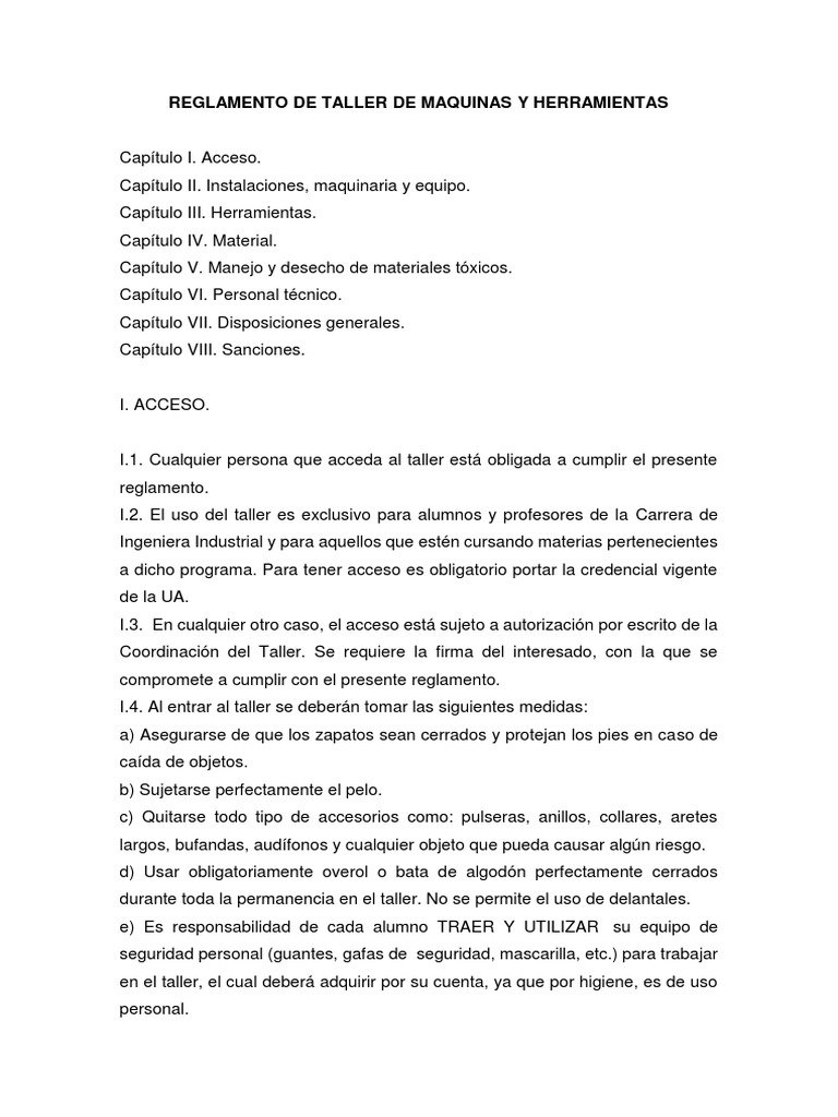Reglamento de Taller de Maquinas y Herramientas | PDF | Residuos | Salud y bienestar