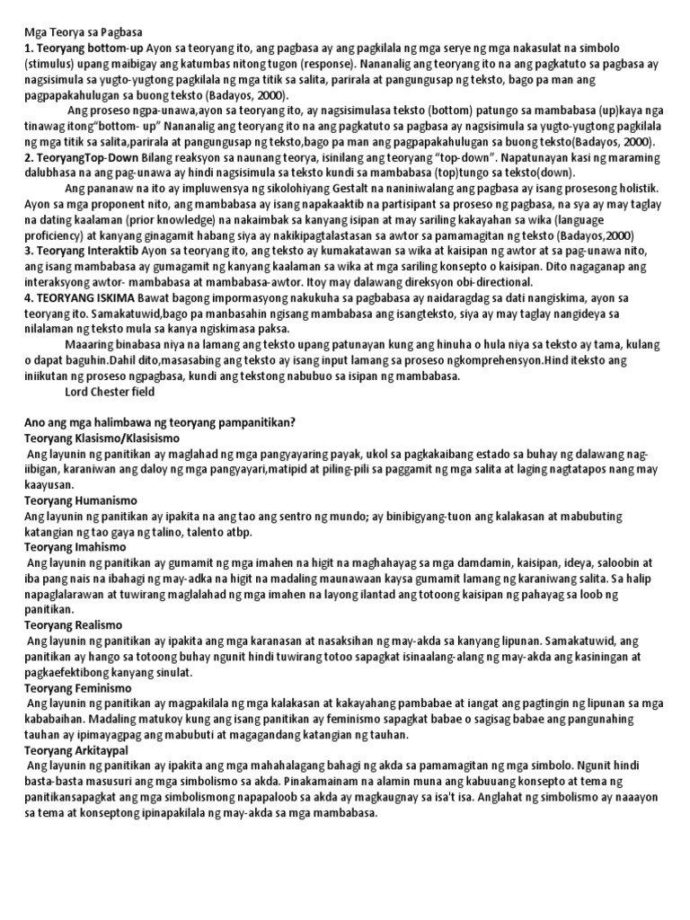 Mga Teorya Sa Pagbasa | PDF