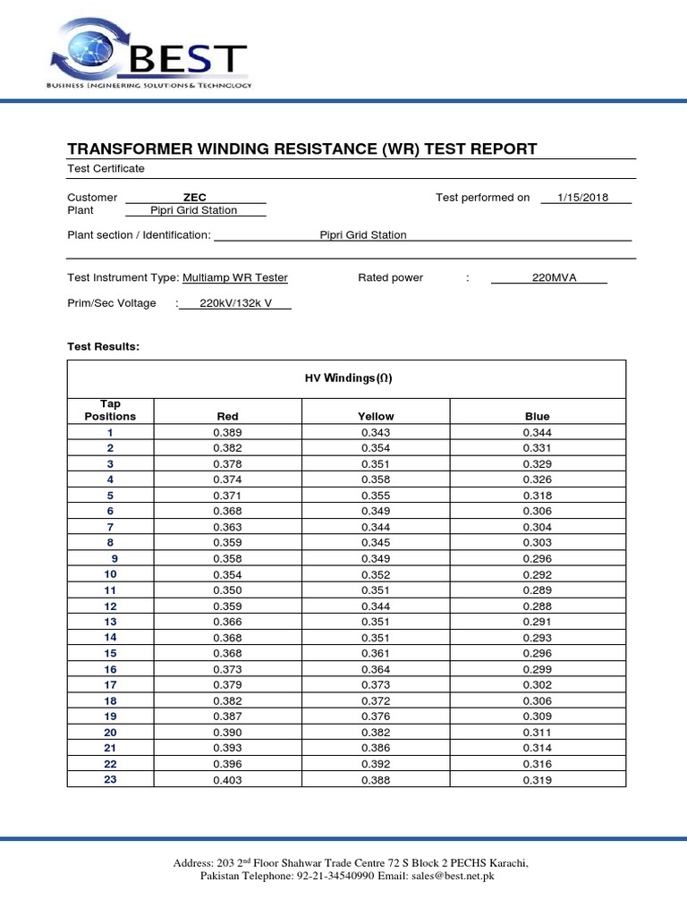 Winding Resistance Test Report | PDF