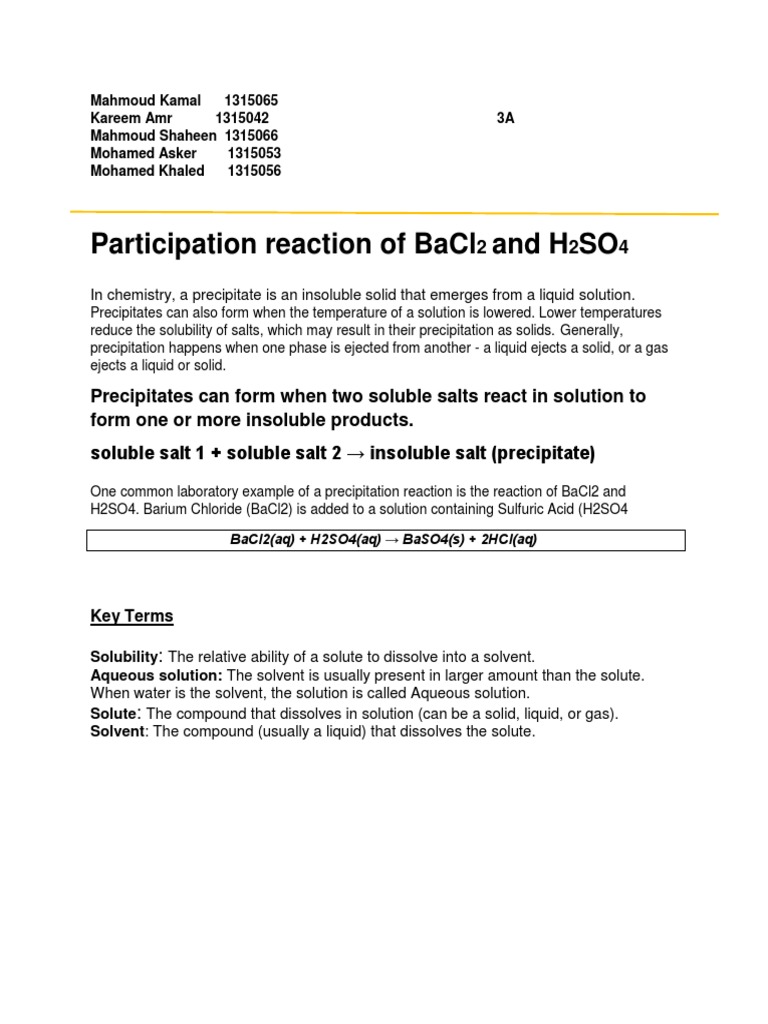 BaCl2 and H2SO4 Reaction Yield Analysis | PDF | Solubility | Solution