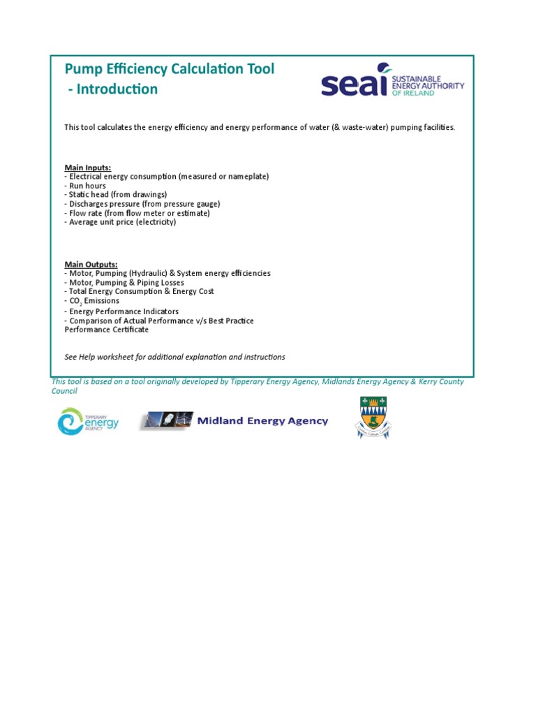 Pump Energy Efficiency Calculation Tool V7 | PDF | Pump | Power (Physics)