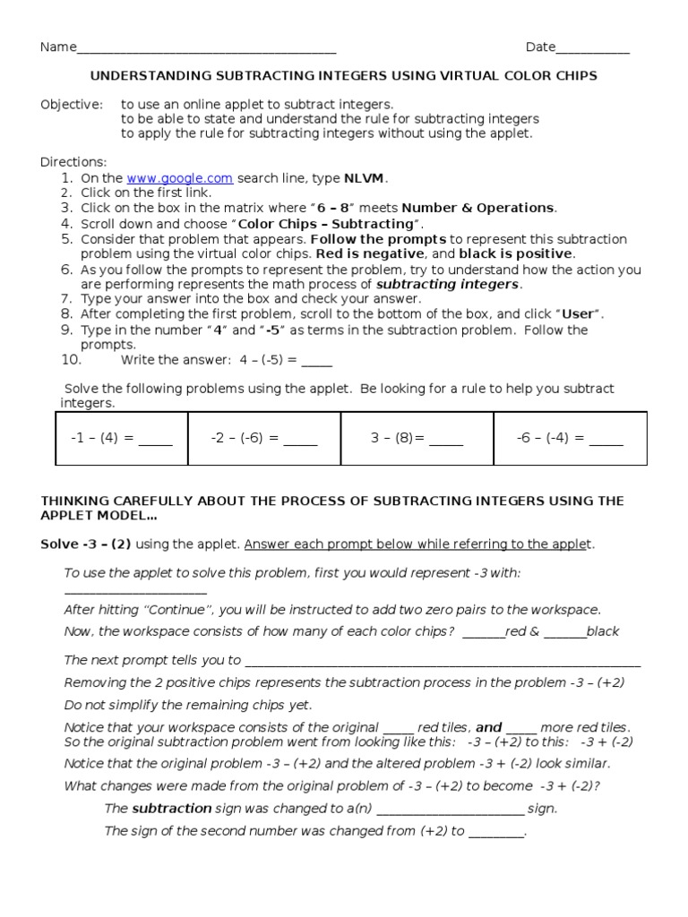 Lab - Subtracting Integers and Discovering The Rule | PDF | Subtraction ...