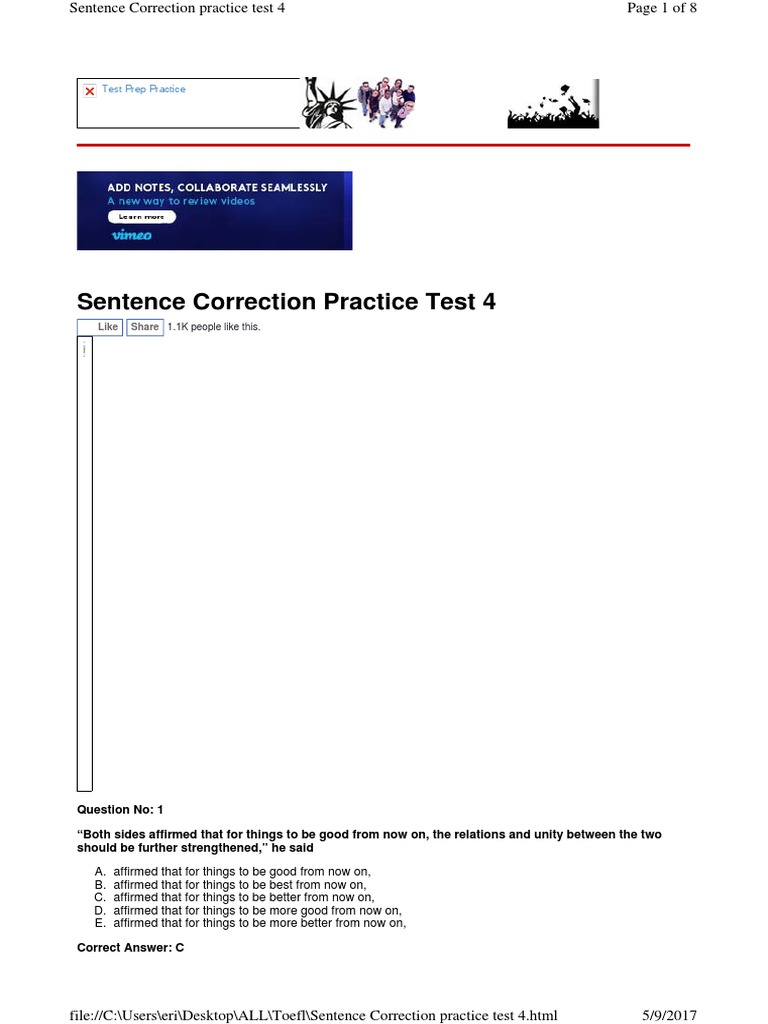 C Users Eri Desktop ALL TOEFL Sentence Correction Pract4 | PDF | Grammatical Number | Verb