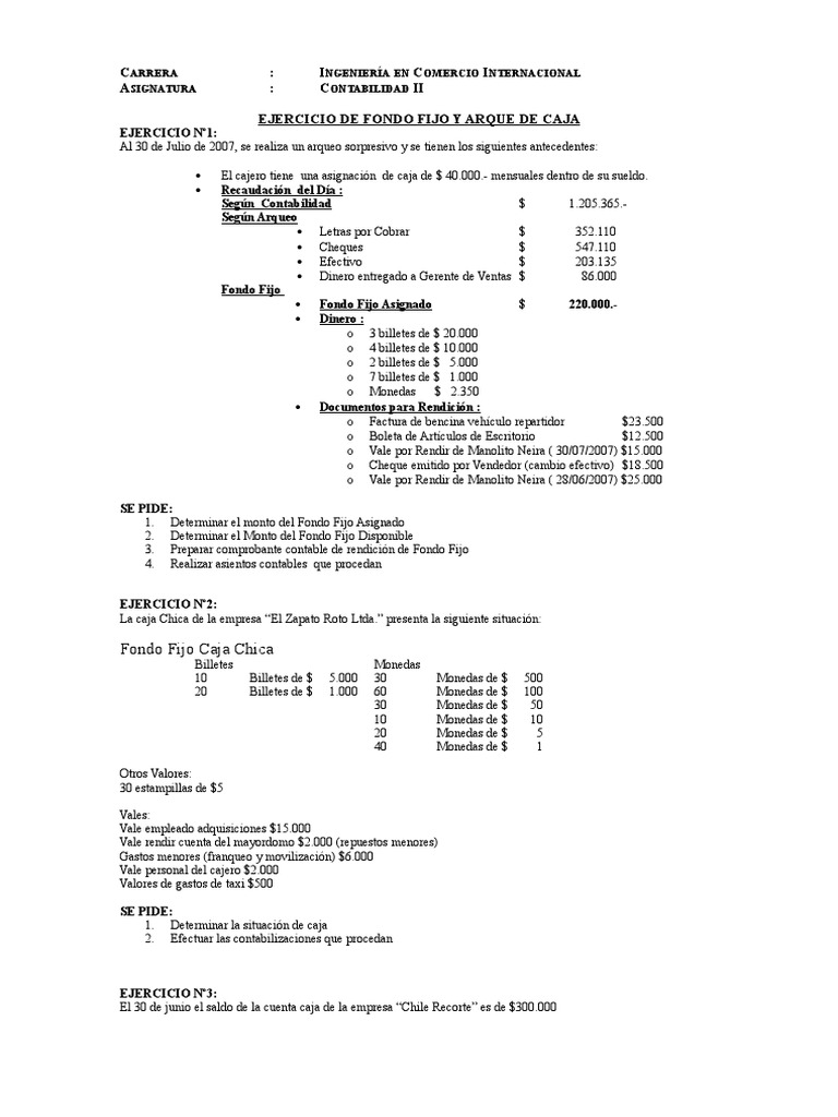 Ejercicios Arqueo de Caja | Euro | Cheque