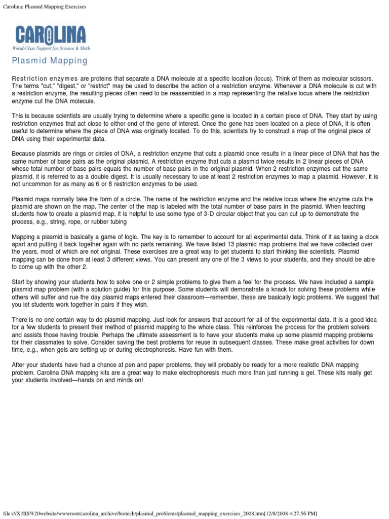 Plasmid Mapping Exercises PDF | PDF | Restriction Enzyme | Agarose Gel ...