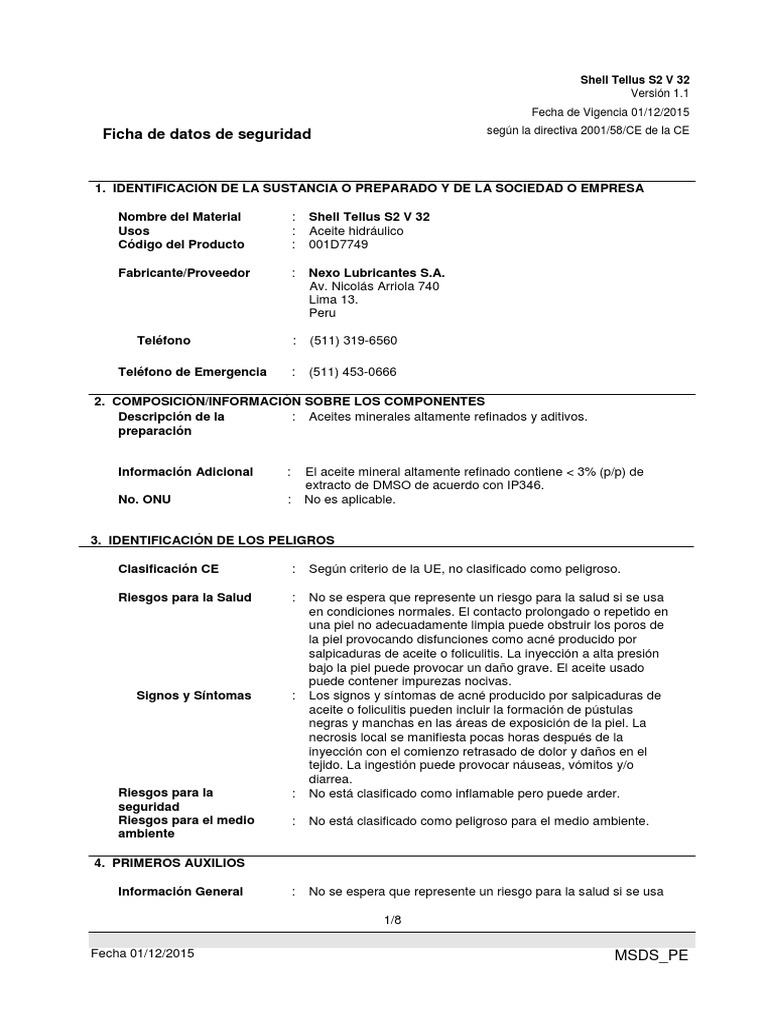 Shell Tellus S2 V 32 (Es) MSDS | PDF | Herida | Guante