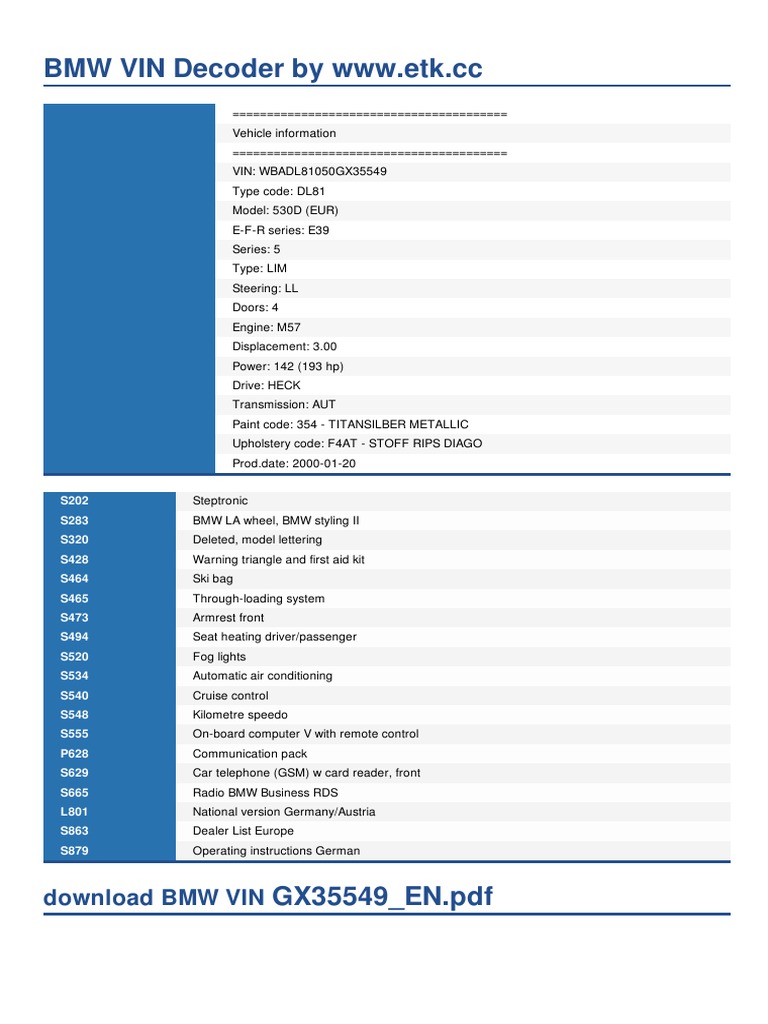BMW VIN Decoder by WWW - Etk.cc | PDF