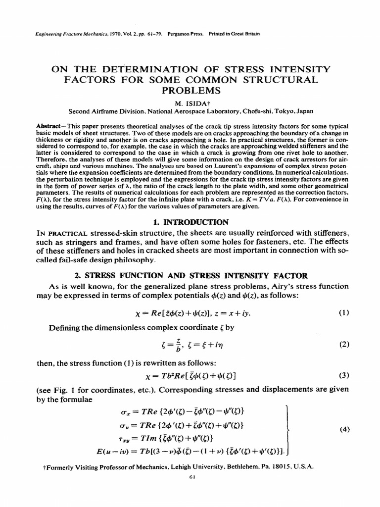 On The Determination of Stress Intensity Factors For Some Common Structural Problems | PDF ...