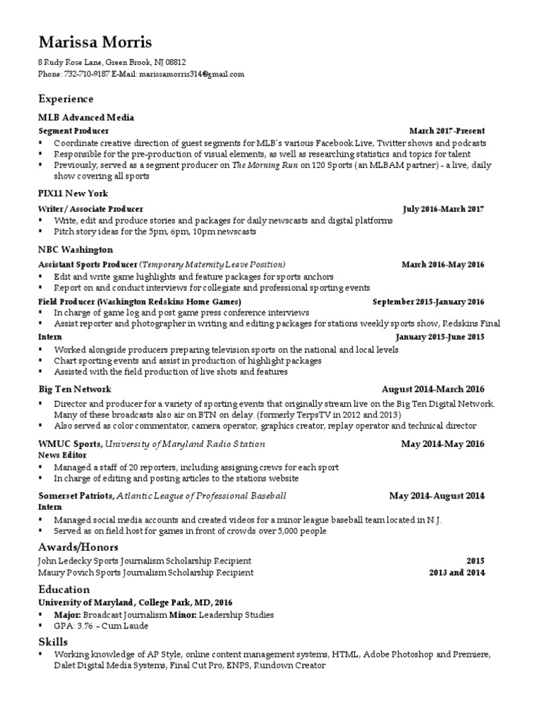 Marissa Morris Resume | PDF | News Broadcasting | Mass Media