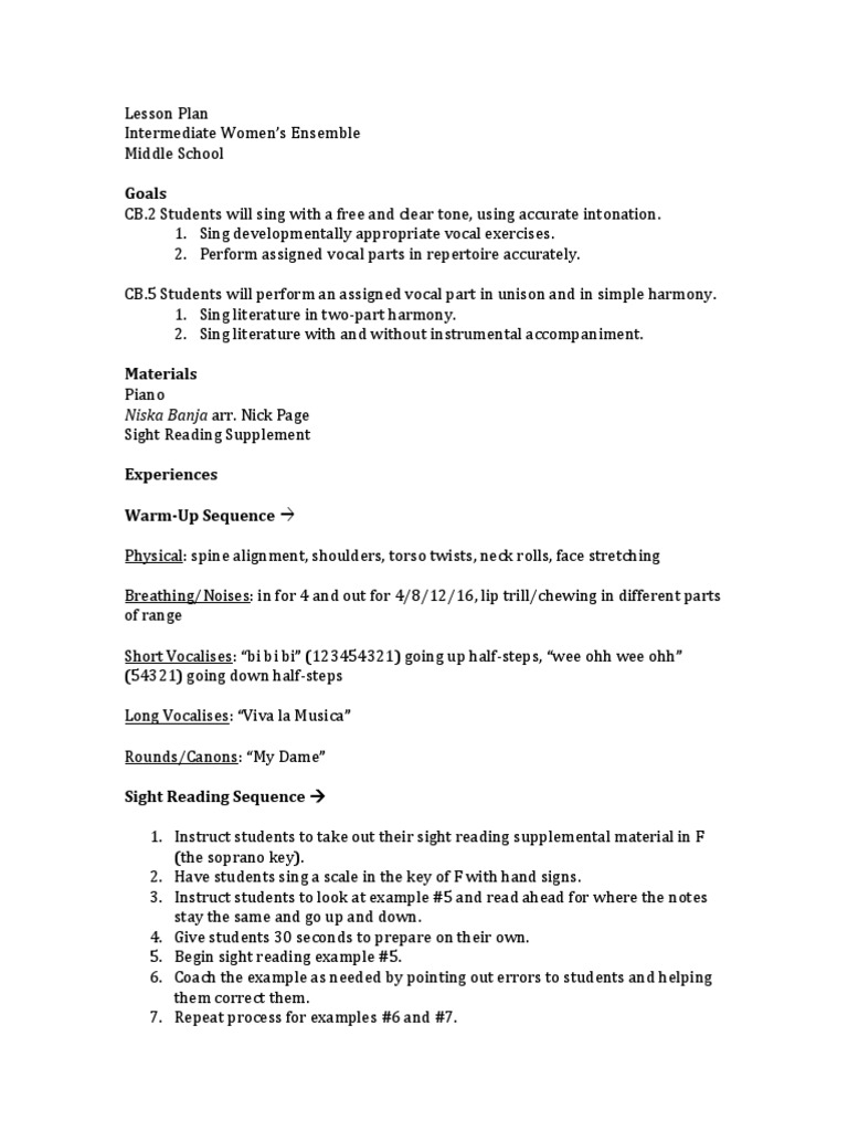 Intermediate Women's Ensemble Lesson Plan | PDF | Singing | Rhythm